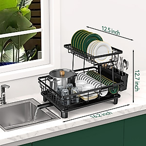 ROTTOGOON Large Dish Drying Rack, 2-Tier Stainless Steel Dish Racks for Kitchen Counter, Durable Dish Drainer with Drainboard, Drainage, Utensil Holder for Various Kitchenware, Black