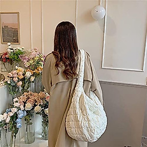 MadGrandeur Women's Puffer Bag Solid Color Padded Tote Bag Quilted Puffy Crossbody Bag Large Aesthetic Pleated Underarm Shoulder Bag (White)