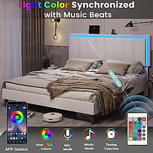 Hasuit Queen Bed Frame with Headboard and LED Light, Vegan Leather Platform Bed Queen Size with Charging Station, Upholstered Headboard Height Adjustable, Noise Free, Easy Assembly, White