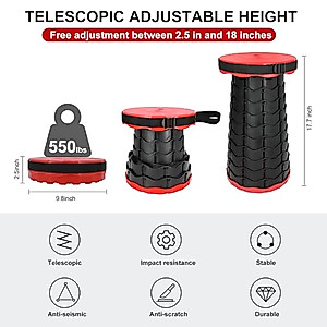Aiuca Folding Camping Stool, Upgraded Portable Telescoping Stool, Lightweight Collapsible Stool with Elastic Seat Cushion& Adjustable Nylon Bag, Max Load 550lb for Camping Fishing Hiking Travel BBQ