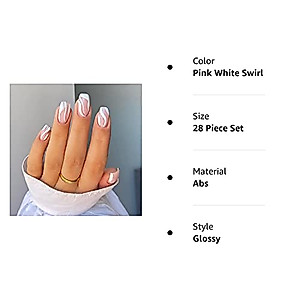 24 Pcs Press on Nails Short, Luvehandicraft Glossy Fake Nails Coffin, False Nails with Glue for Women and Girls (Pink White Swirl), 28 Piece Set