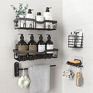 Almaybe Shower Caddy Adhesive, 5-Pack Corner Bathroom Shelf Set, Large Capacity Rustproof Stainless Steel Bath Organizers, No-Drill Shelves for Storage, Home Decor, and Kitchen…