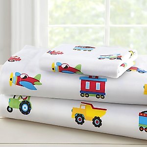 Wildkin Kids 100% Cotton Toddler Sheet Set for Boys & Girls, Bedding Set Includes Top Sheet, Fitted Sheet, Standard Pillow Case, Bed Sheet Set for Cozy Cuddles (Trains, Planes, & Trucks)