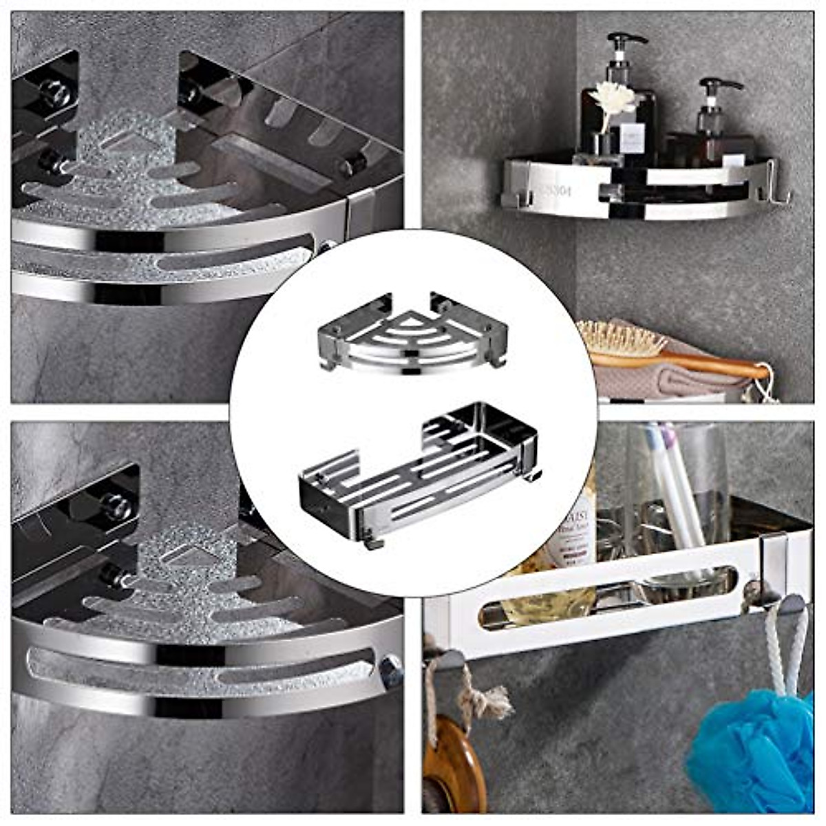 DOITOOL 2pcs Bathroom Storage Rack with Hooks Decorative Stainless Steel Wall Mounted Punch Free Floating Shelf Holder for Bathroom Kitchen Silver 30X22cm