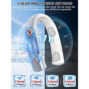 Portable Neck Fan Rechargeable 7000mAh, Bladeless 360° Airflow Cooling Neck Fan Cooler with Necksupport, Quiet Wearable Hands-Free Personal Fan, 4 Turbo, Display, Portable Fan for Hot Flashes/ Travel