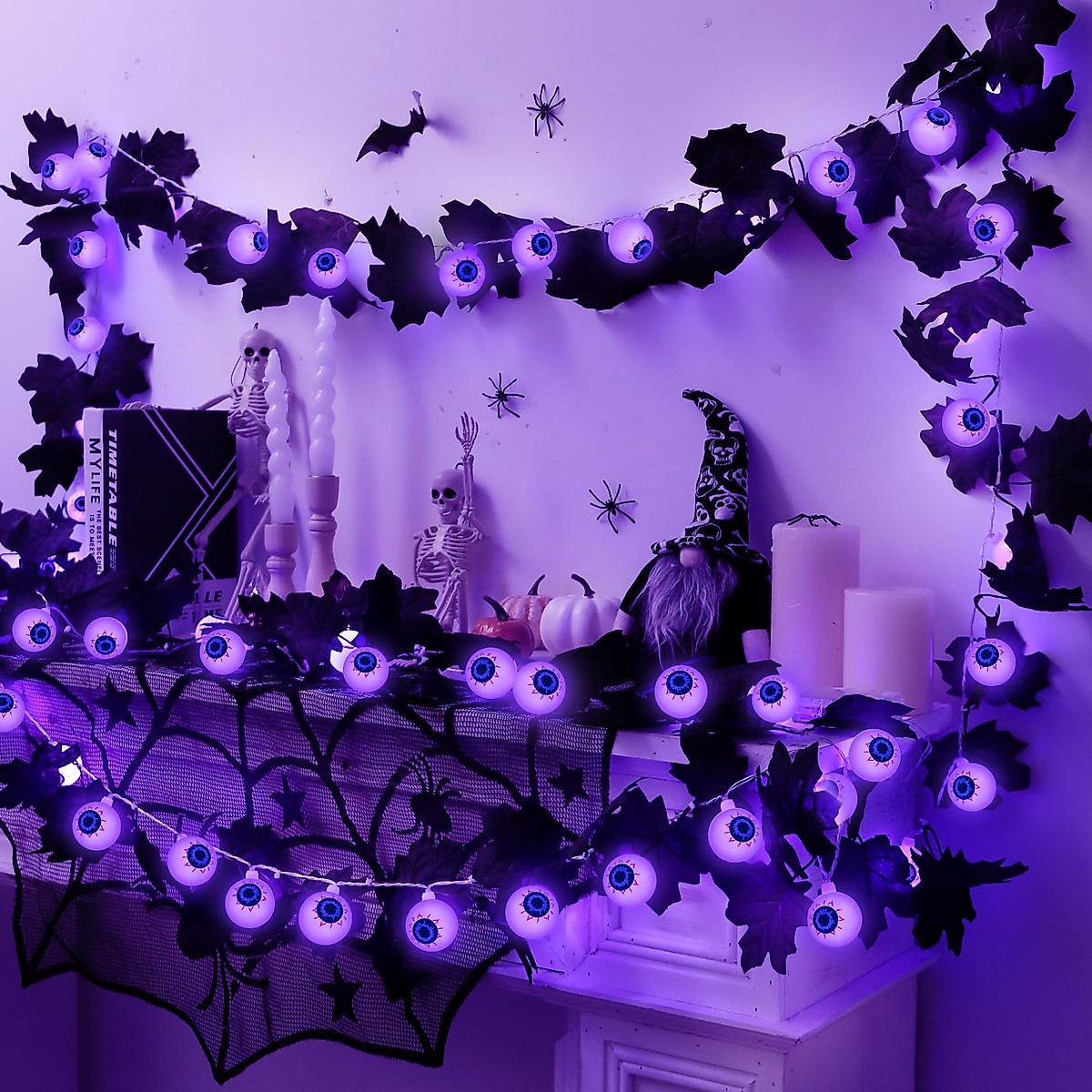 Ouddy Decor 2 Pack Lighted Halloween Garland, Total 20 FT 60 LED Black Maple Leaves Garland with Eyeballs Lights Waterproof Timer Battery Operated for Indoor Outdoor Home Halloween Decorations, Purple