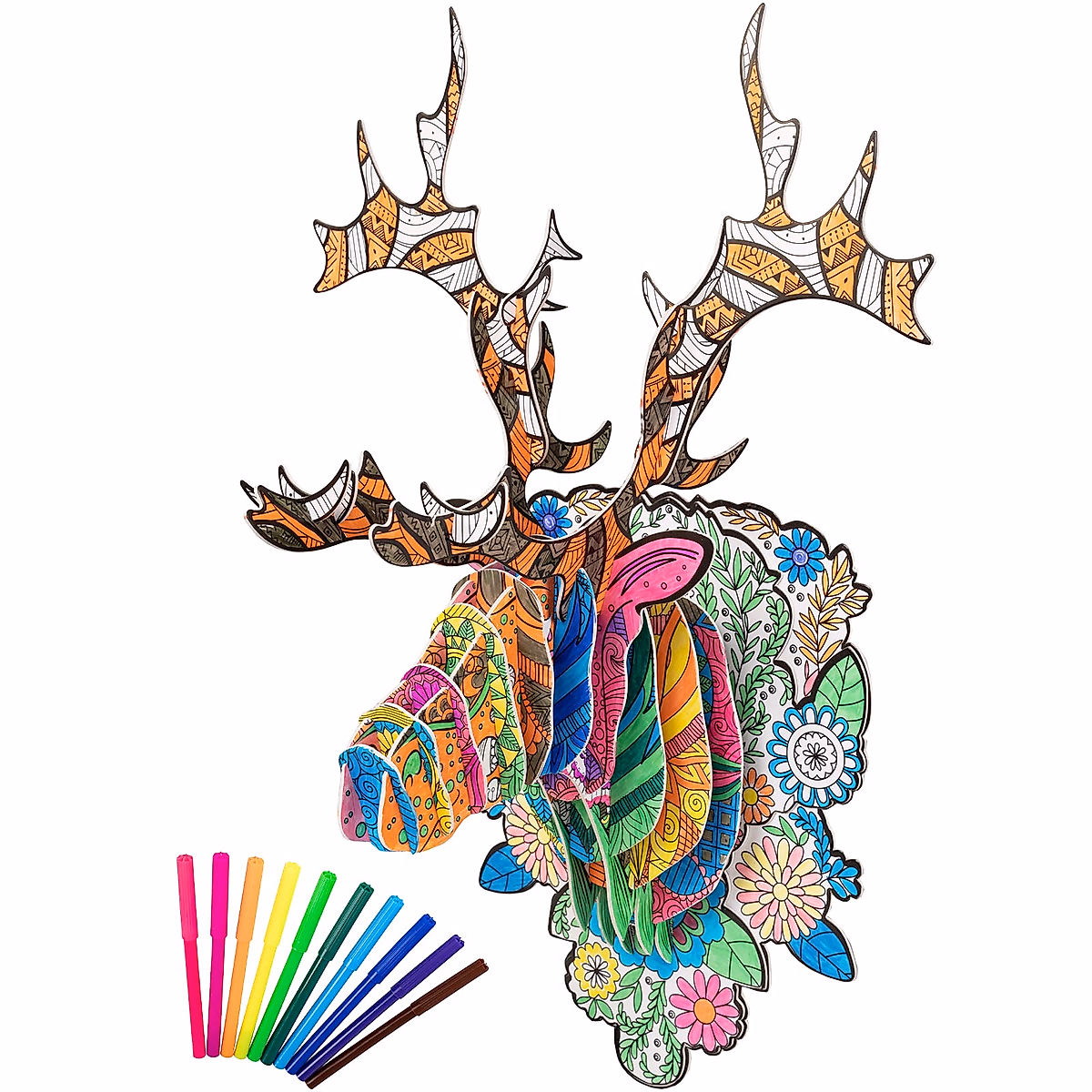 Hautton 3D Coloring Puzzle, Creative DIY Painting Puzzle Set Toy with 10 Colouring Pens, Fun Arts Crafts Gift for Kids Age 3 4 5 6 7 8 9 10 11 12 -Elk