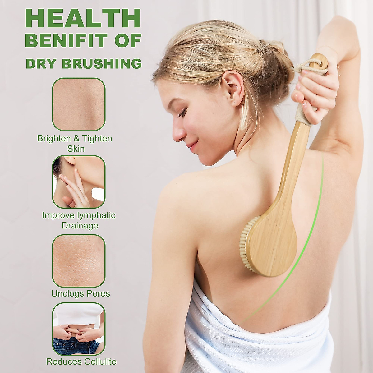 AIFEIVICO Dry Brushing Body Brush, Natural Boar Bristle Exfoliating Dry Brush, Long Handle Back Scrubber Brush, Face Brush, Foot Brush, Meridian Pressure Brush for Lymphatic Drainage, Cellulite