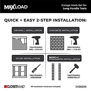 ClosetMaid MaxLoad 3-Pack Garage Hooks & Hangers Wall Mount Heavy Duty Storage for Long Handle Tools, Cords, Hoses, Shovels, Rakes, Brooms, Black