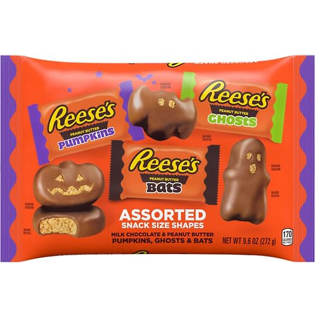 REESE'S Assorted Milk Chocolate Peanut Butter Snack Size Shapes Candy, Halloween, 9.6 oz Variety Bag