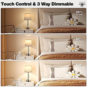 Acaxin Bedside Lamps for Bedrooms Set of 2 Nightstand- Crystal Table Lamps with USB C+A Ports & AC Outlet for Charging, 3 Way Dimmable Touch Silver Small Bed Side Lamp for Living Room/Guest Room