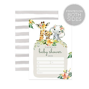 Boho Safari Animal Baby Shower Invites / 25 Welcome Baby Desert Animals Party Invitations / 5" x 7" Flat Floral New Baby Party Invitation Cards/Made In The USA