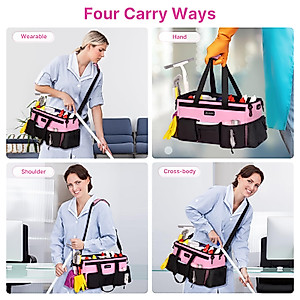 JKAOO Large Wearable Cleaning Caddy Bags,Cleaning Supplies Storage Bag with Handles and Adjustable Shoulder Strap and Removable Waist Straps,Waterproof Cleaning Bags for Home,Car,Office (Pink)