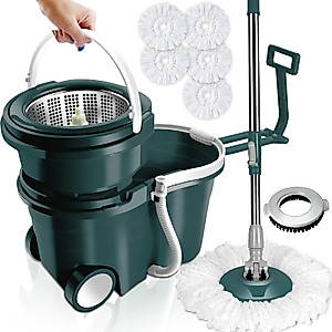 Masthome 24" Professional Flat Mop with 5 Reusable Mop Pads, Spin Mop and Bucket Set with 5 Mop Refills, Easywring Mop Bucket System for Floor Cleaning