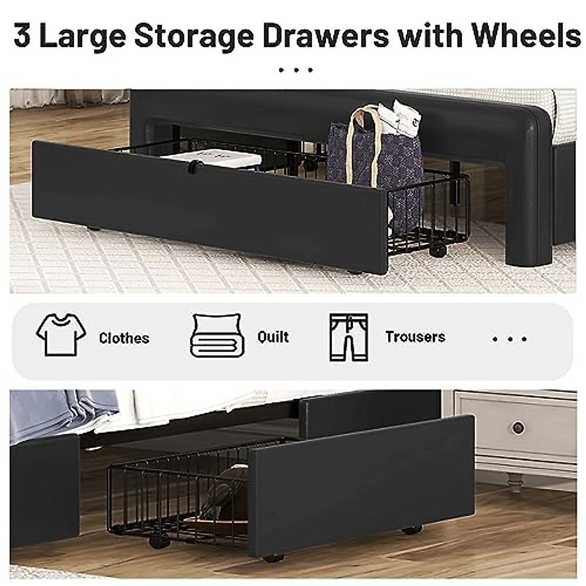 Upholstered Queen Size Platform Bed Frame with 3 Storage Drawers and Headboard, PU Leather Queen Storage Bed with USB Charging Station and Wooden Slats Support, Noise Free, Black