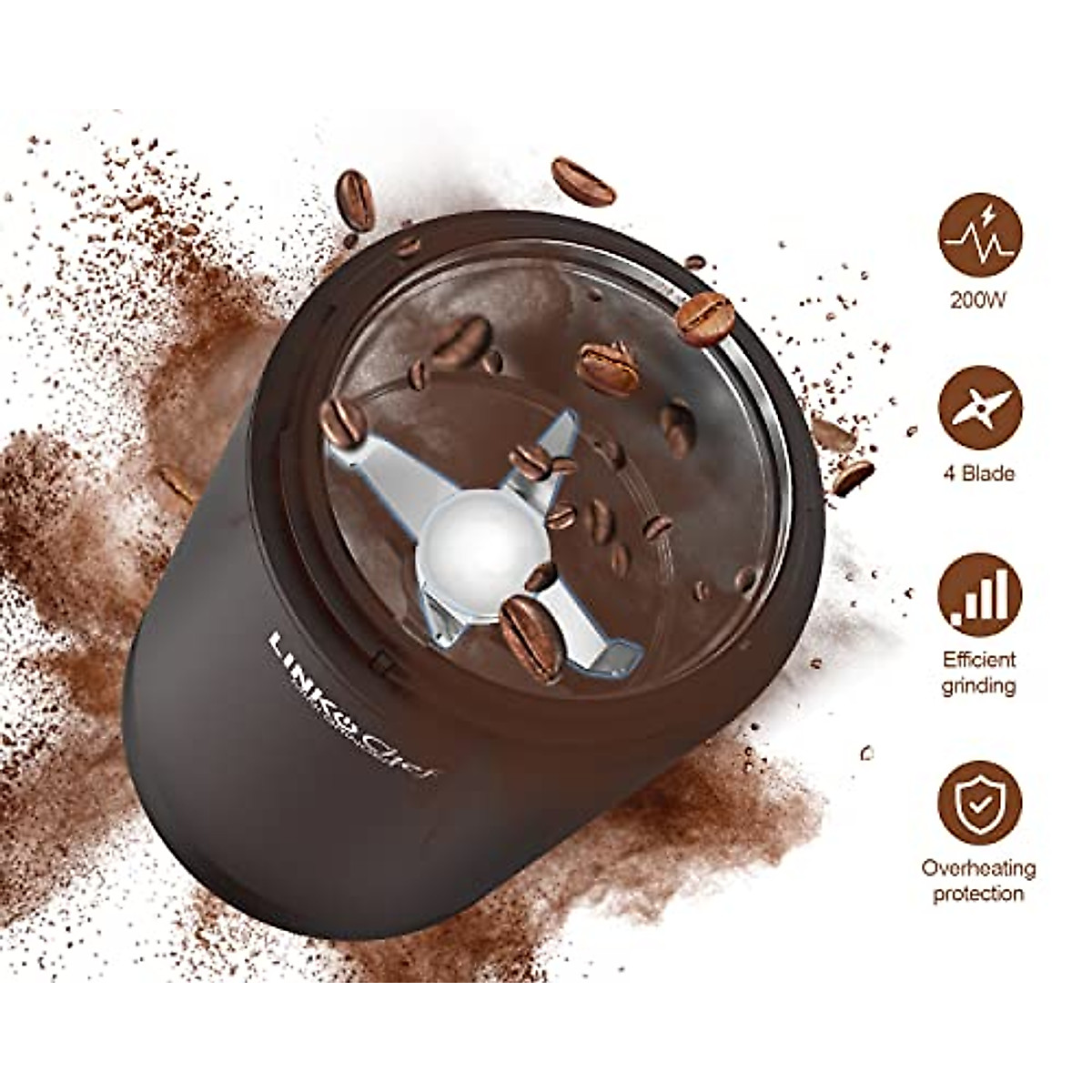 Coffee Grinder with Brush, LINKChef 200W Spice Grinder with Stainless Steel Blade for Seed Bean Nut Herb Pepper & Grain, Lid Activated Safety Switch, Brown, CG-8420