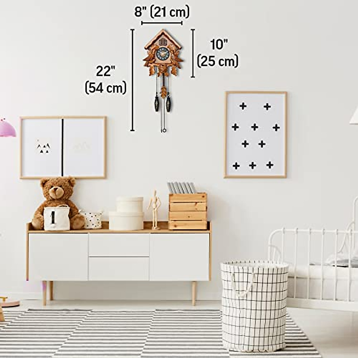 TIMEGEAR Cuckoo Clock with Night Mode, Singing Bird, Wooden Decorations and Swinging Pendulum (Brown)