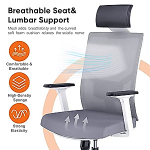 Season wind Ergonomic Office Chair, Mesh Home Office Desk Chairs Big and Tall Computer Chair Swivel Executive Chair with Wheels Heavy People Adjustable Armrest High Back Lumbar Support Headrest Grey