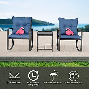 Temminkii 3 Pieces Patio Bistro Set Outdoor Rocking Chair w Cushion for Yard Garden Poolside (Blue)