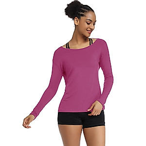 Muzniuer Women's Long Sleeve Yoga Shirts Workout Shirts Backless Cross Back Open Shirts Yoga Top Soft Fitness Shirts for Women Long Sleeve Running Shirts Rose Red M
