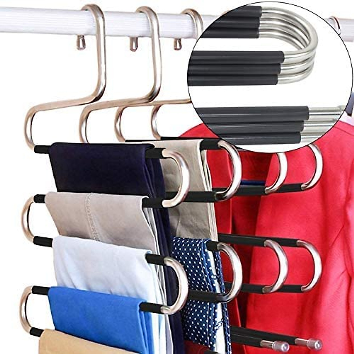 5 Packs Pants Hangers S-Shaped S-Type Space Saving Pants Non-Slip Hangers Trouser Hangers Stainless Steel Multi Layer Multifunctional Pant Hanger Closet Storage for Jeans Shirts for Scarfs Ties
