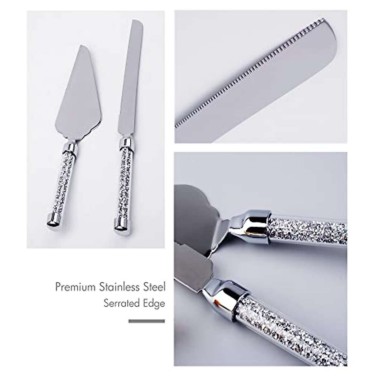 Wedding Cake Knife and Server Set, Crystal Champagne Flutes Glasses Engraved Mr & Mrs, Cake Cutting Set for Wedding, Bride and Groom Toasting Champagne Flutes, Anniversary Engagement Gifts for Couple