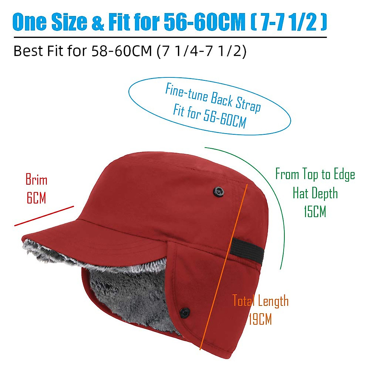 Gisdanchz Hiking Snow Ski Hunting Winter Earflap Elmer Fudd Army Military Hat for Men Women Cold Weather Warm Cadet Cap Ear Muffs Cover Adjustable Mens Trapper Baseball Flat Top Hats Headgear Red