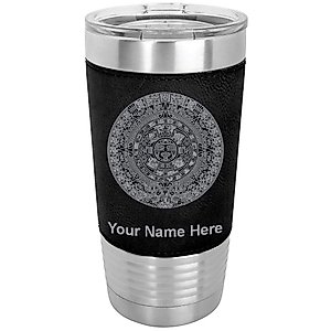 LaserGram 20oz Vacuum Insulated Tumbler Mug, Aztec Calendar, Personalized Engraving Included (Faux Leather, Black)