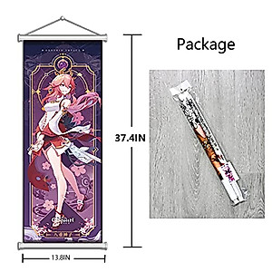 Genshin Impact Scroll Poster Yae Miko Wall Hanging Forged Cloth Painting Decor Live Room Bedroom Art Print(35x95cm/13.8"x 37.4")