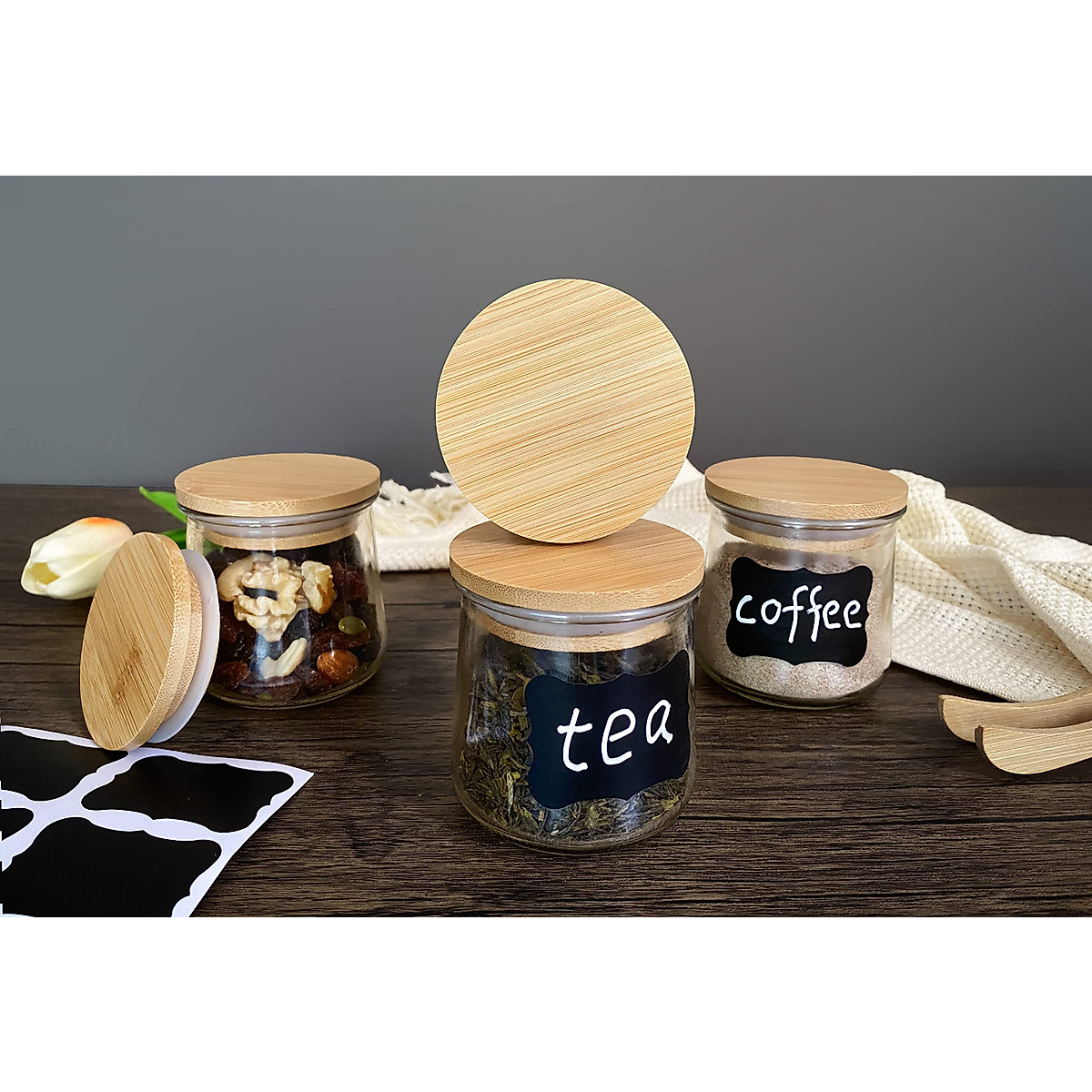 Oui Yogurt Jar Lids-12 pack Oui Lids-Natural Bamboo Wood with Silicone Sealing Rings and Oui Yogurt Bottle Label,For 5 Oz Oui Yogurt Jars