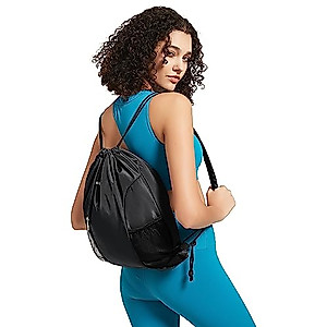WANDF Drawstring Backpack with Shoulder Pad Sports Gym Backpack with Mesh Pocket String Bag for Women Men(Black)
