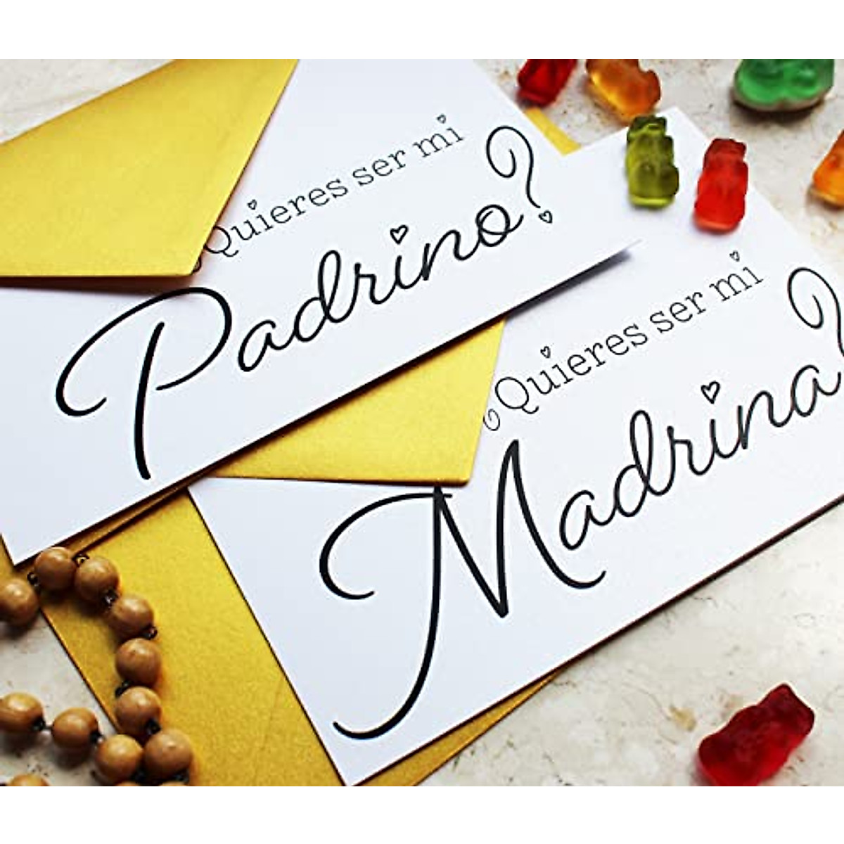 Spanish Will you be my Godparents Cards (Madrina & Padrino) - Godmother & Godfather Proposals in Black-and-White Lettering, with Golden Shimmer Envelopes (Set of 2 cards) (Madrina & Padrino)