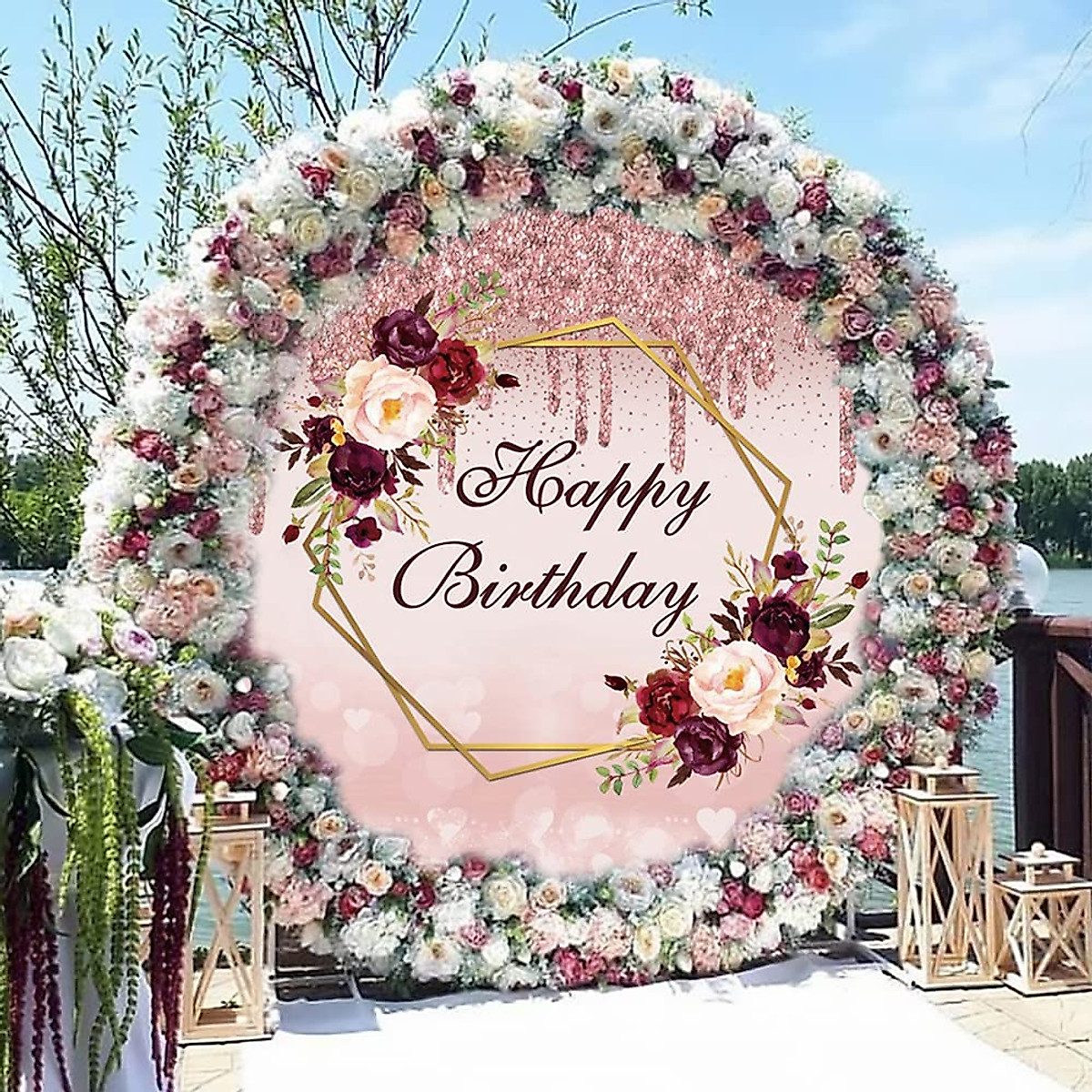 OERJU 7.2x7.2ft Happy Birthday Round Backdrop Cover Burgundy Flowers Rose Gold Photo Background Women Lady Girl 16th 30th 40th 50th 60th Birthday Party Decoration Dessert Cake Table Banner