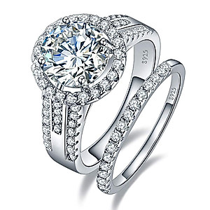 Yaresul 3.45ct Round Halo Women's Engagement Ring Sets 925 Sterling Silver Stackable Half Eternity Wedding Bands Stackable Cubic Zirconia Wedding Bands Rings Women Bridal Set Size 5