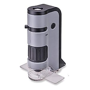 Carson MicroBrite Plus 60x-120x LED Lighted Pocket Microscope (MM-300) & MicroFlip 100x-250x LED and UV Lighted Pocket Microscope with Flip Down Slide Base and Smartphone Digiscoping Clip (MP-250)