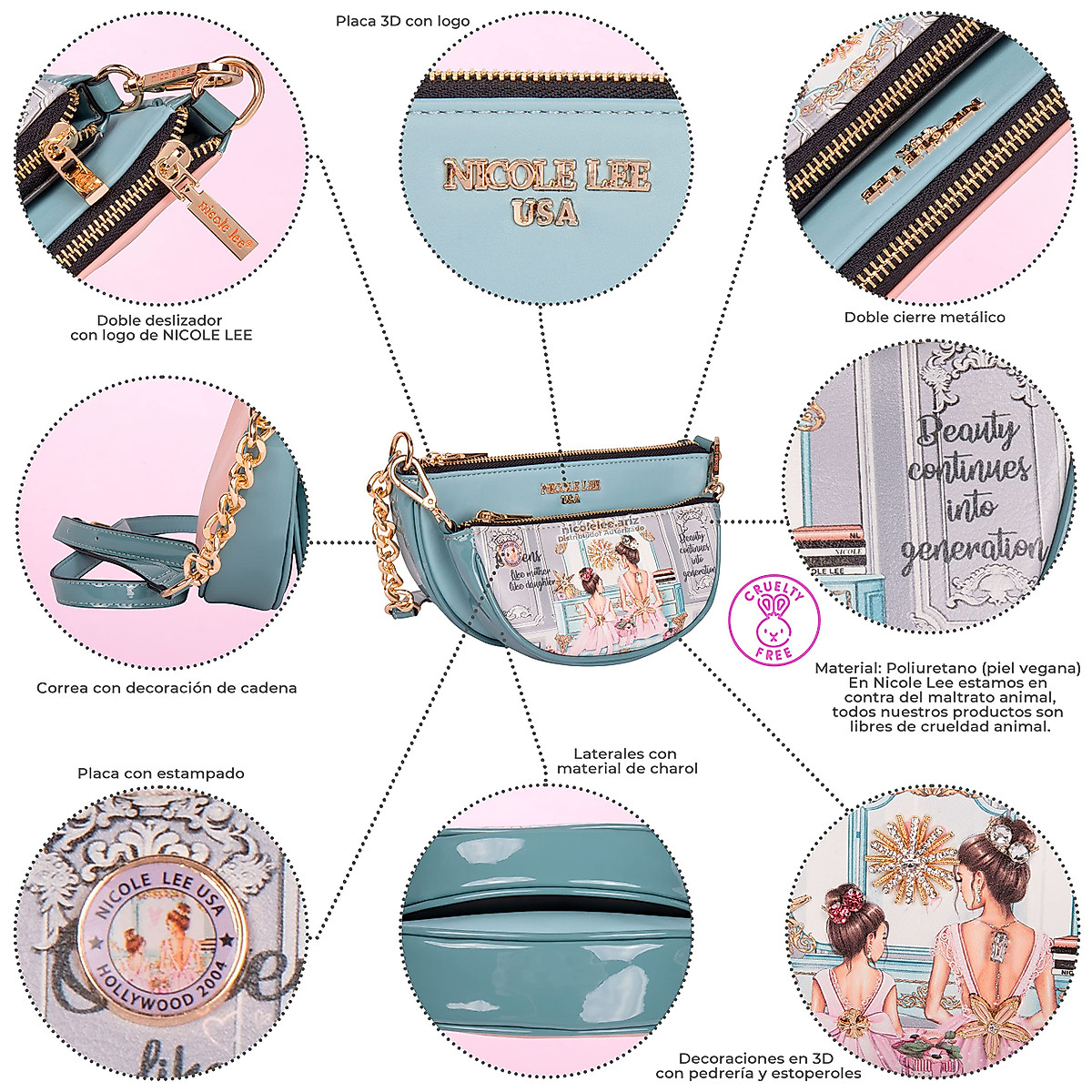 Nicole Lee Crossbody Women's Bag - Fashion Print Faux Leather 2 Piece Bag Shoulder Chain Strap Small Purse Set (Double Queens)