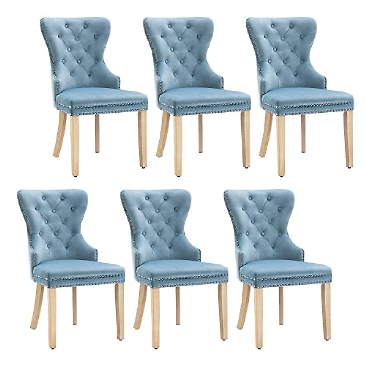 adochr Velvet Fabric Accent Dining Chairs Set of 6, Room for Used Solid Wood with Button and Nailed Trim (Blue)
