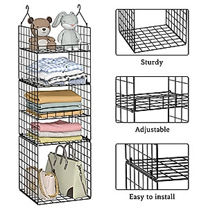 Yociyoga 5 Tier Closet Organizers and Storager, Adjustable Hanging Shelf Metal Wire Wardrobe Basket with 2 Sturdy Hooks for Bedroom, Livingroom (Black)