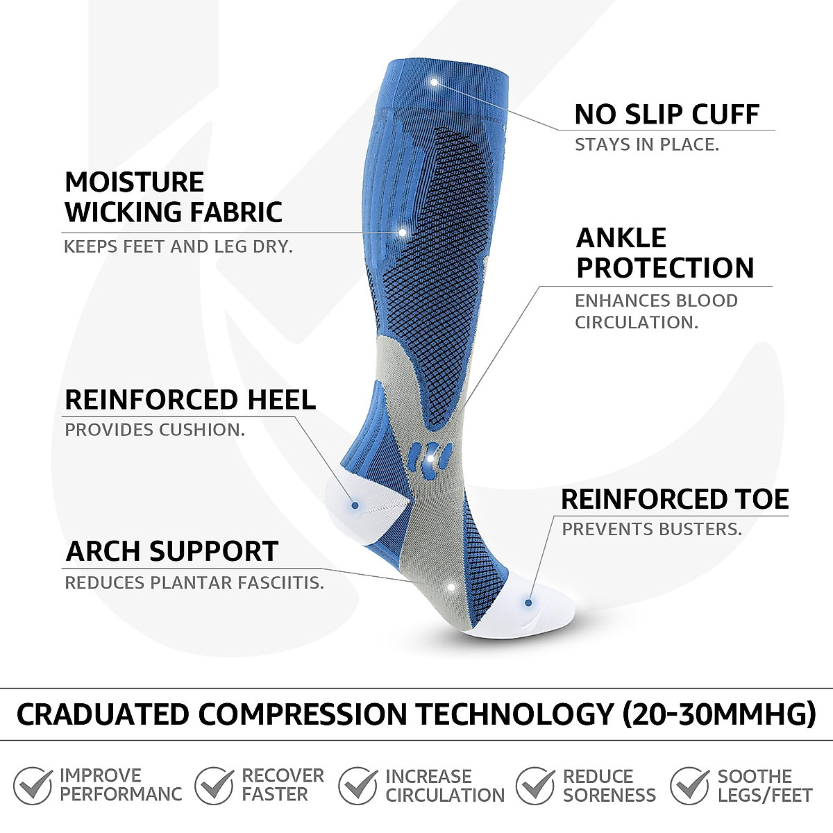 Kickticks Compression Socks 4 Paris for Women & Men 20-30mmhg Knee High Circulation Support for Running Nurse Sport Kinesio Function(Black/Blue/White/Green, L/XL)