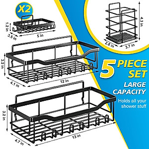 5-Pack Shower Caddy, No Drilling, Strong Adhesive Mount, Large Capacity, Rustproof Stainless Steel, Black.