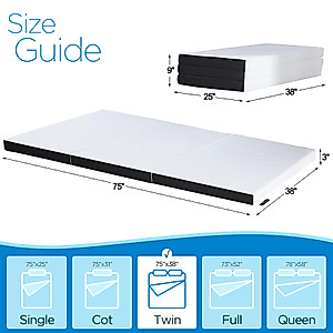 Roxzo Folding Mattress, 3 inch Twin Tri-Folding Memory Form Mattress,Portable Trifold Mattress Topper with Washable Cover, Non-Slip Bottom Camping Mattress Guest Bed, 75"x38"x3"