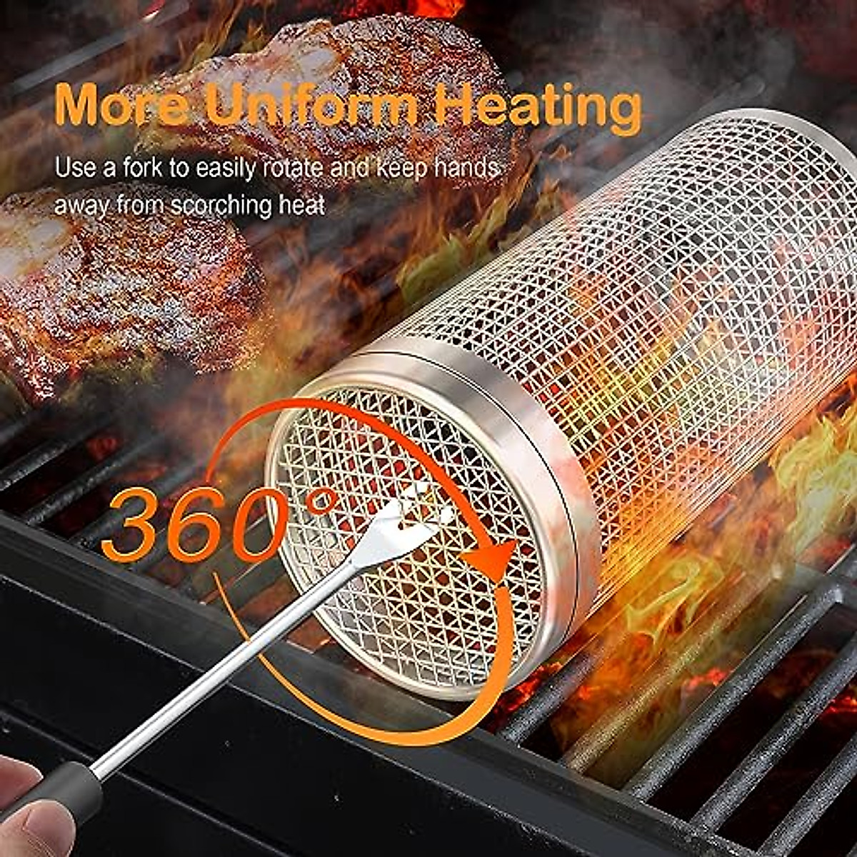 SBMKK Rolling Grill Baskets for Outdoor Grill, Round BBQ Grilling Baskets for Veggies, BBQ Net Tube Barbeque Vegetable Grill Accessories, Cage Cylinder for Fish, 2 PACK (two large)