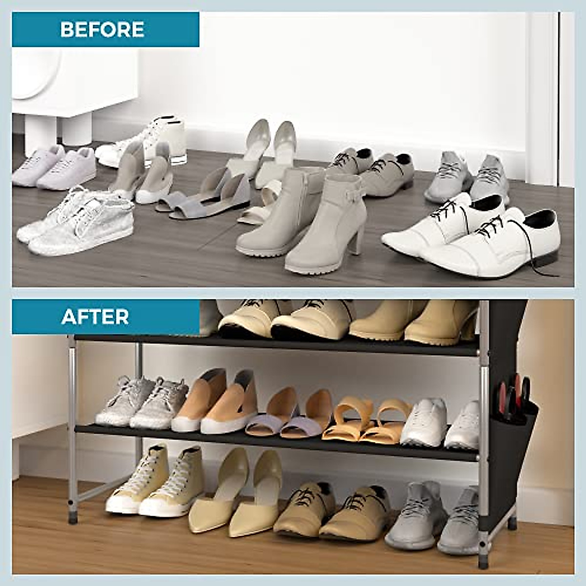 STORAGE MANIAC 5 Tier Shoe Rack with 6 Side Pockets, 23-Pairs Metal Shoes Organizer Free Standing Compact Shoe Storage Organizer Shoe Shelf for Closet Bedroom Entryway Hallway, Black