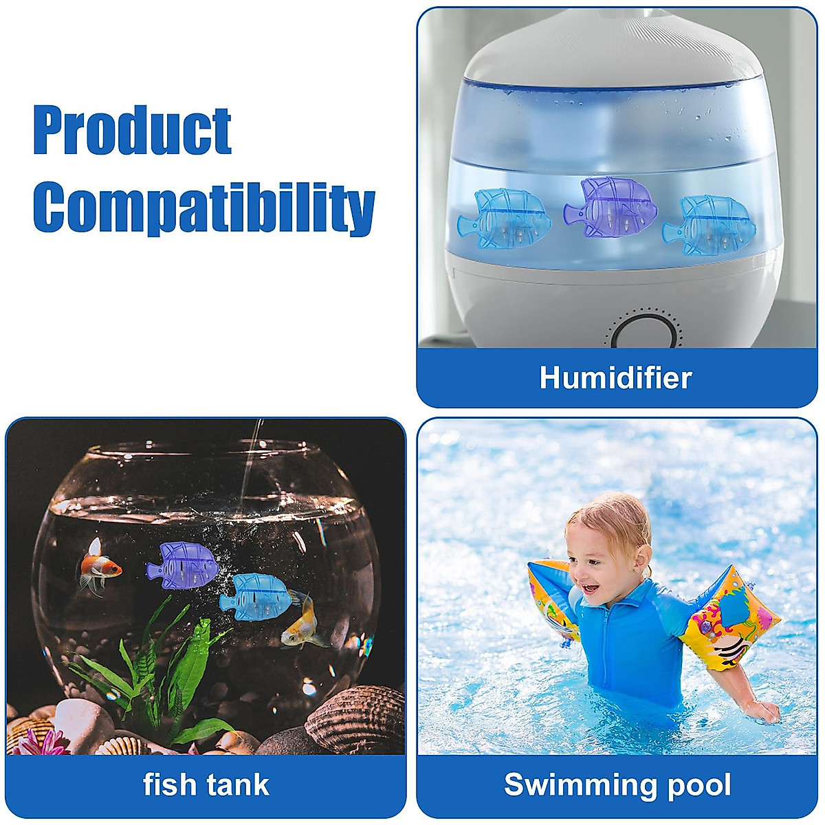16pcs Humidifier Tank Cleaner, 2.52x1.57x1.06 Inch Humidifier Cleaner Fish Demineralization Cleaning Ball Humidifier Filter Replacement for Protec Fish Tank Mist Humidifiers (Purple, Blue)
