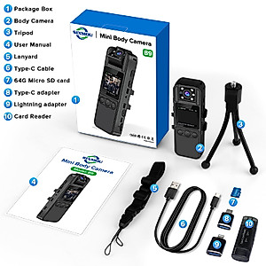 Sixmou Body Camera with Audio and Video Recording, 6 Hours HD 1296P Body Cam with 180° Rotating Lens, Night Vision, 64G B9 Body Worn Camcorder, Personal Travel, Walking, Police Law Enforcement