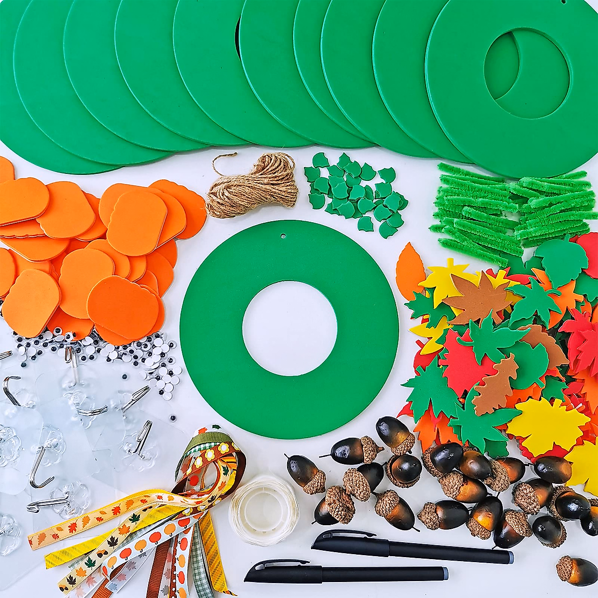 Supla 12 Kits 3D Pumpkin Fall Leaf Wreath Craft Kit DIY Thanksgiving Wreath with Maple Leaves Acorns Bows Wiggle Eyes for Kids Crafts Fall Thanksgiving Halloween Seasonal Decoration