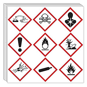 GHS Batch Pictogram Stickers Labels , OSHA Compliant, 2" x 2" Safety Decal Sticker,Corrosion, Environment, Exclamation Mark, Exploding Bomb, Skull & Crossbones,Health Hazard ,Flame, Flame O (504 Pcs)