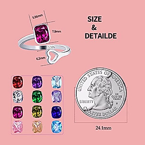 Qings Square Birthstone Adjustable Ring 925 Sterling Silver Hollow Love Heart Cubic Zirconia Aquamarine March Birthstone Open Rings Birthday Gifts for Women Girls