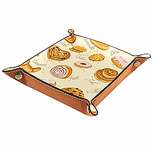 Leather Valet Tray, Dice Tray Folding Square Holder, Dresser Organizer Plate for Change Coin Key, Cartoon Cake Donut Bread