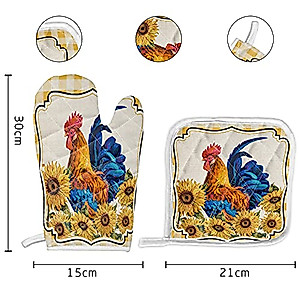 Oven Mitts Set Non-Slip Kitchen Gloves with Potholders Farm Country Rooster And Sunflower On Yellow Buffalo Plaid Super Insulated Mitt Set for Baking,Grilling,BBQ 2Pcs